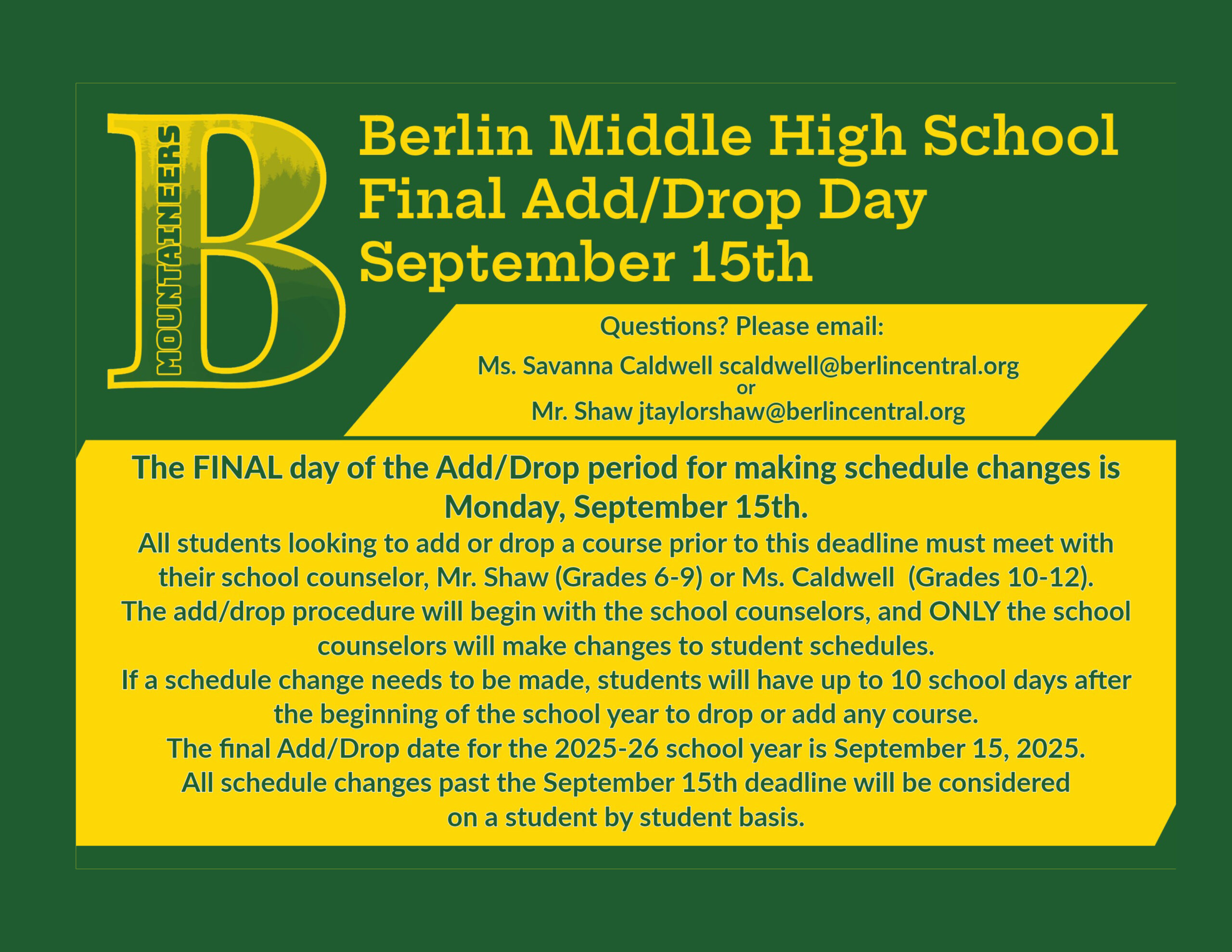 BMHS Counseling Office Notice: Final Add/Drop Day is 9/15 | Berlin ...