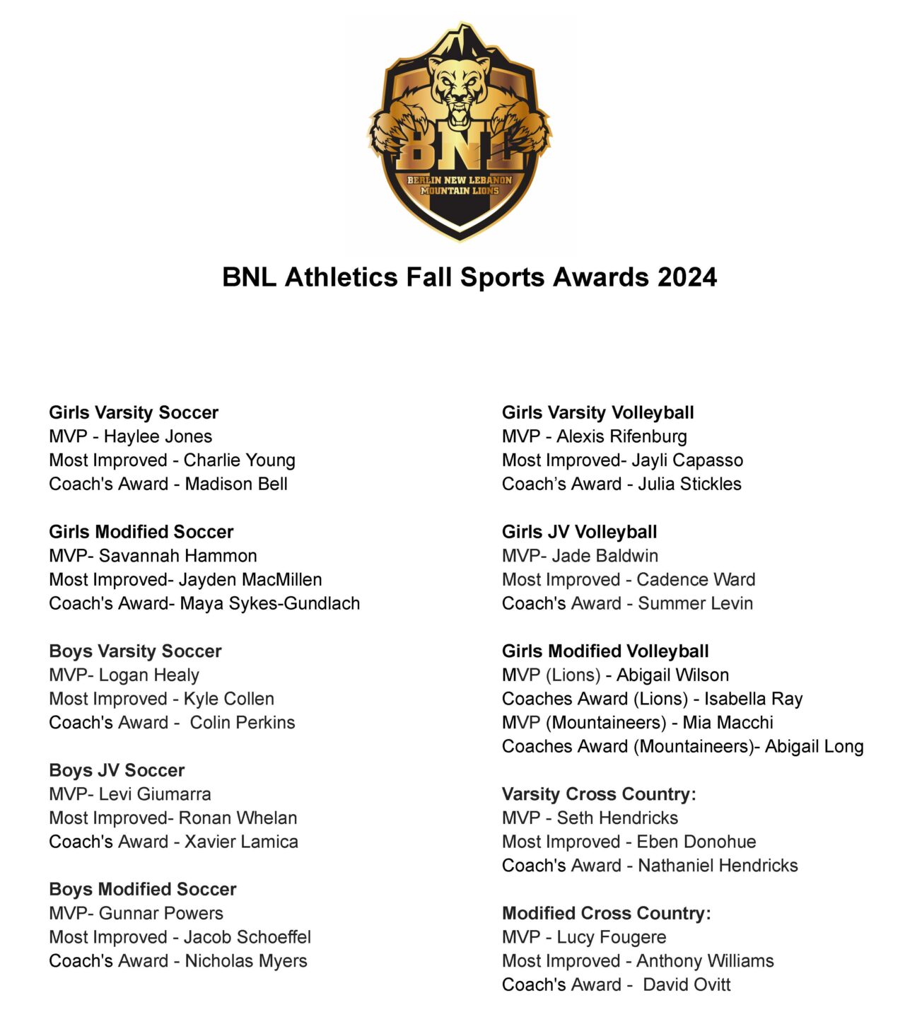 BNL Fall 2024 Sports Awards Night | Berlin Central School District