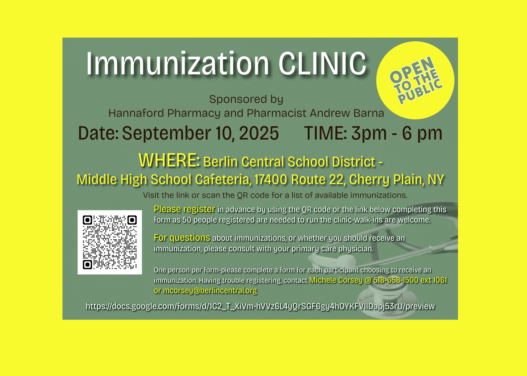 Notice from BCSD Health Office: Immunization Clinic 9/10 BMHS | Berlin Central School District