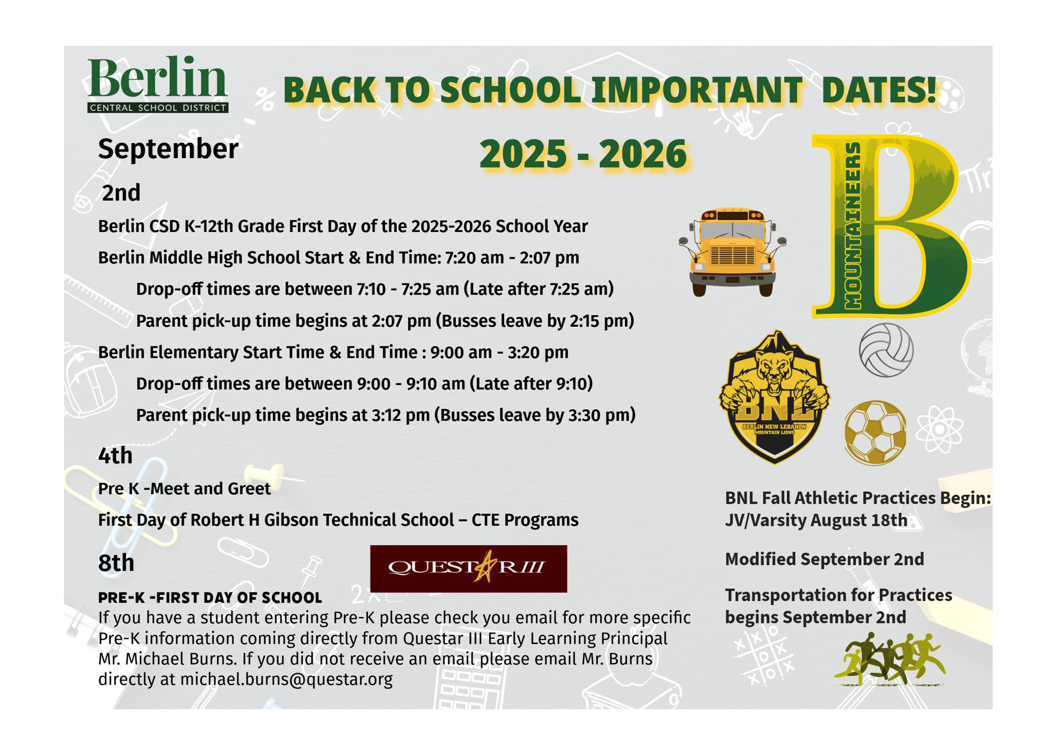 Important Back to School Dates | Berlin Central School District