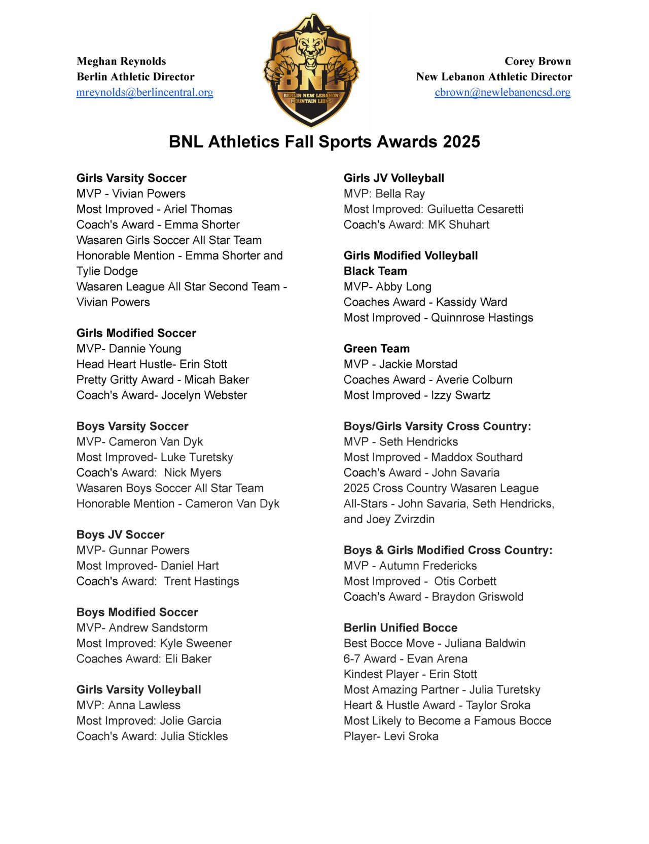 2025 BNL Fall Sports Awards Night | Berlin Central School District