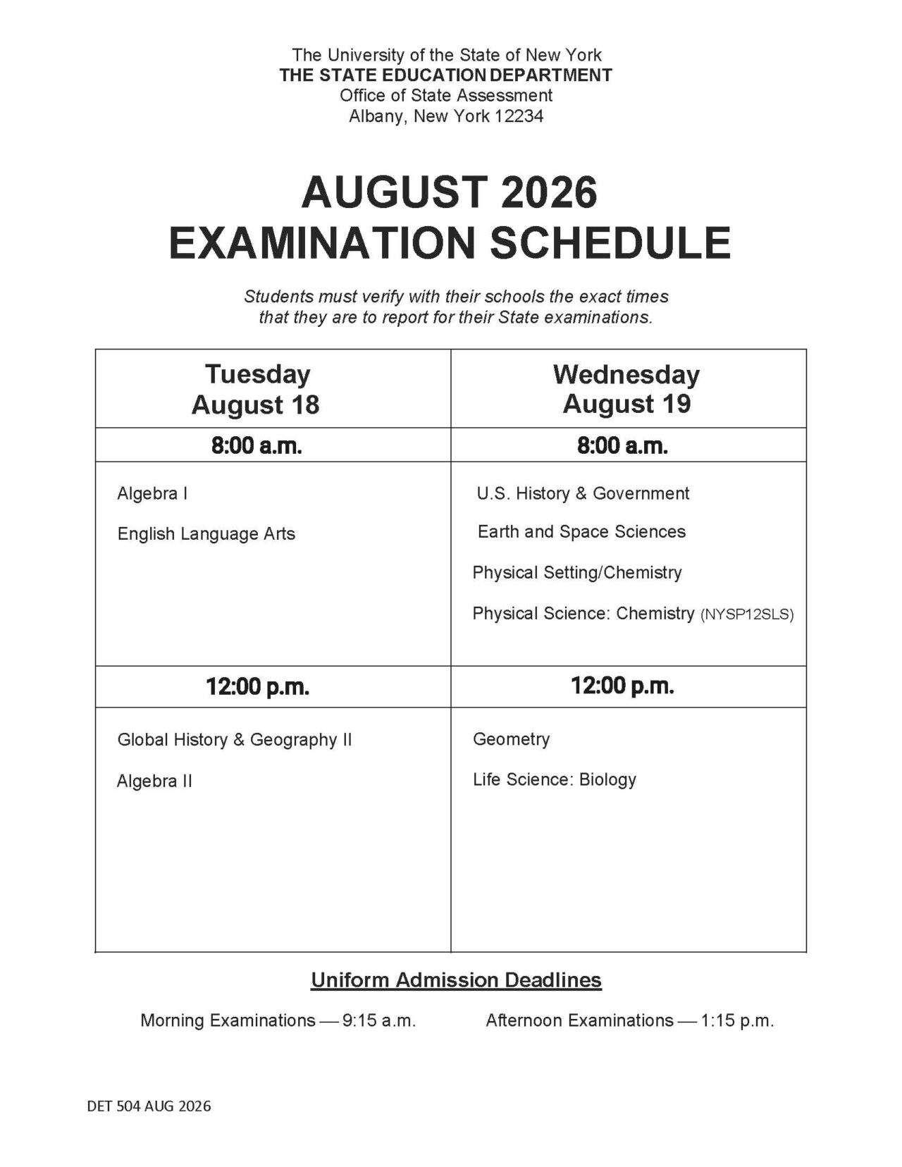 August 2026 Regents Examination Schedule | Berlin Central School District